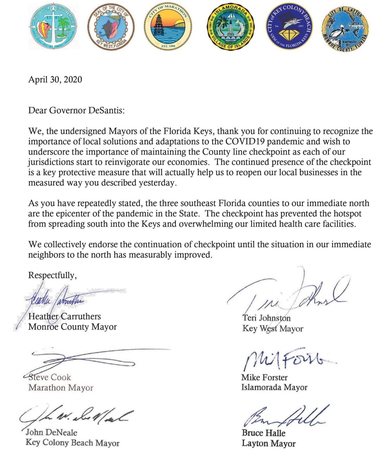 Expressing support for checkpoint continuation, mayors pen letter to ...